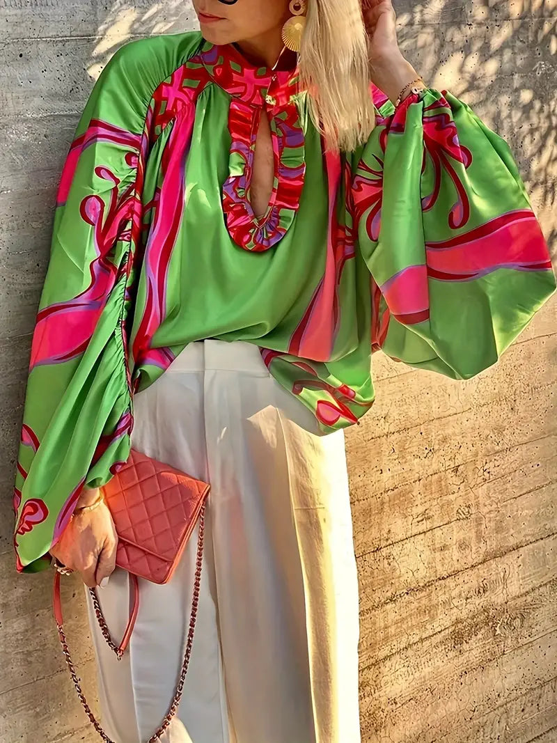 Abstract Print Cut Out Blouse, Boho Ruched Crew Neck Long Sleeve Blous ...